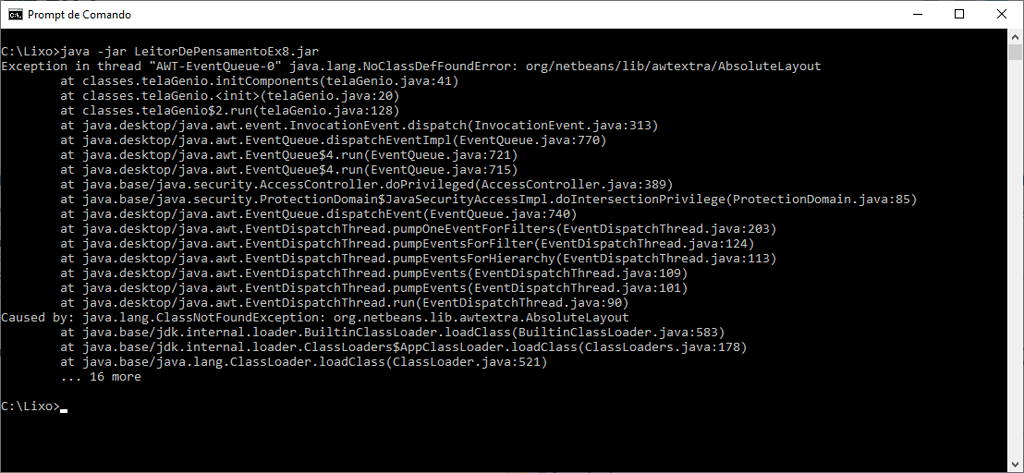 Projeto roda normal dentro do Netbeans 11.0, mas arquivo .jar não executa e só mostra erros no ...