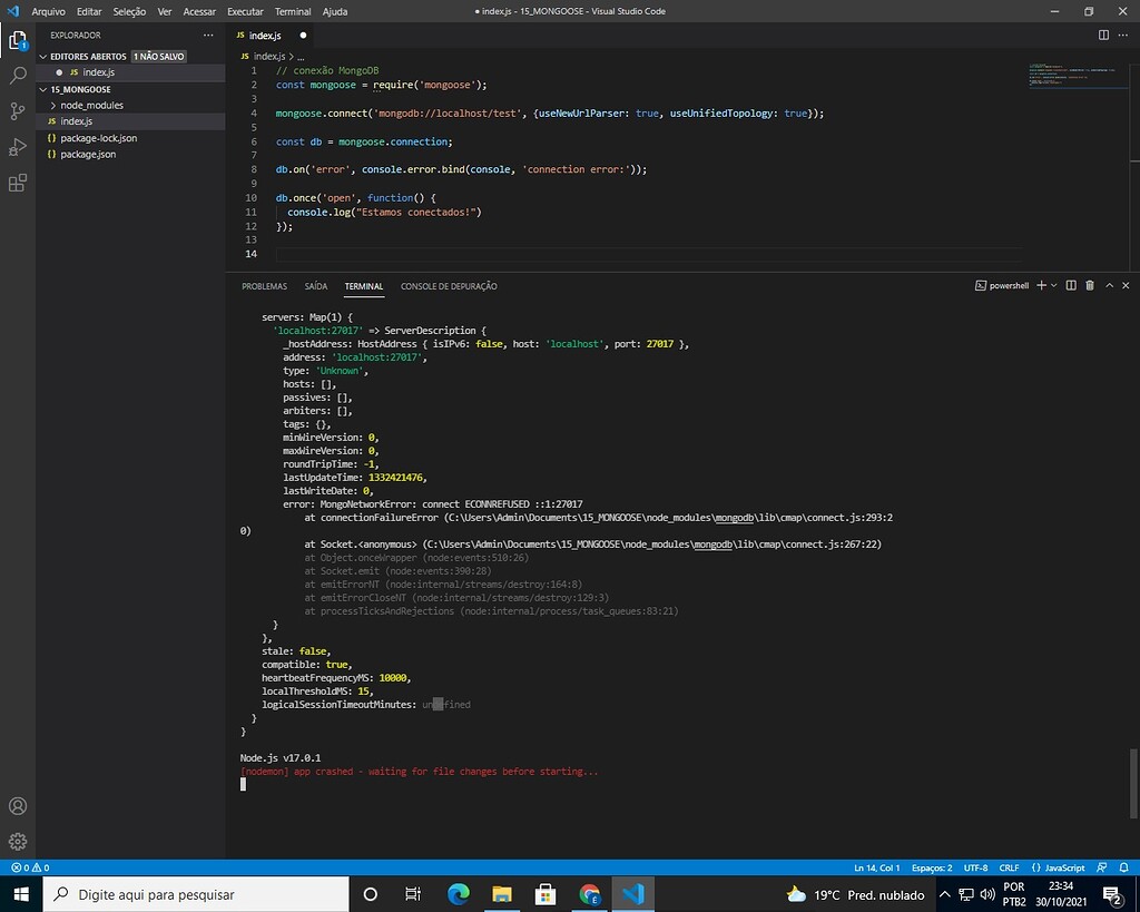[nodemon] app crashed - waiting for file changes before starting - Node.js - GUJ