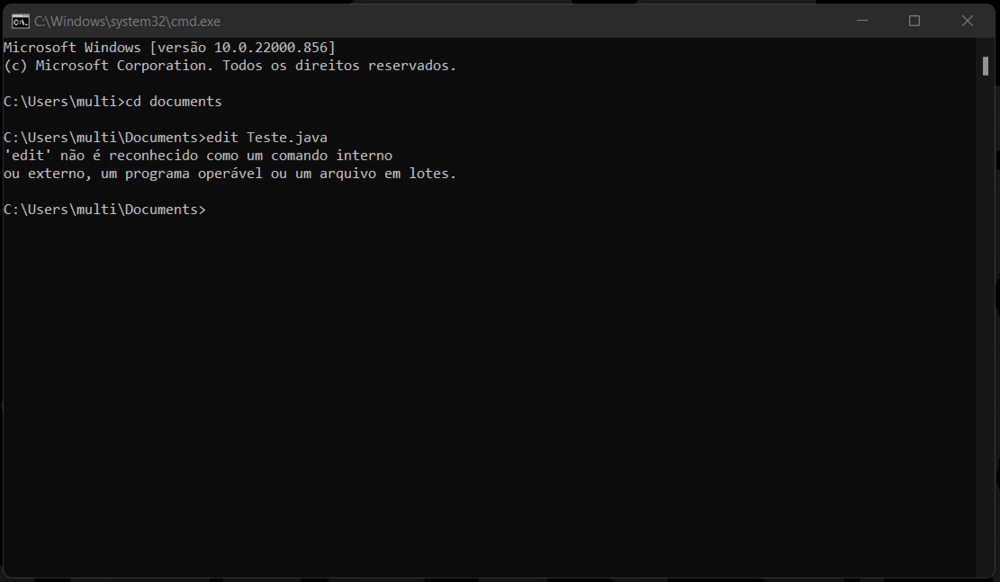 Erro ao tentar editar arquivo java no CMD do Windows 11 - Programação - GUJ Erro ao tentar editar arquivo java no CMD do Windows 11 - Programação - GUJ