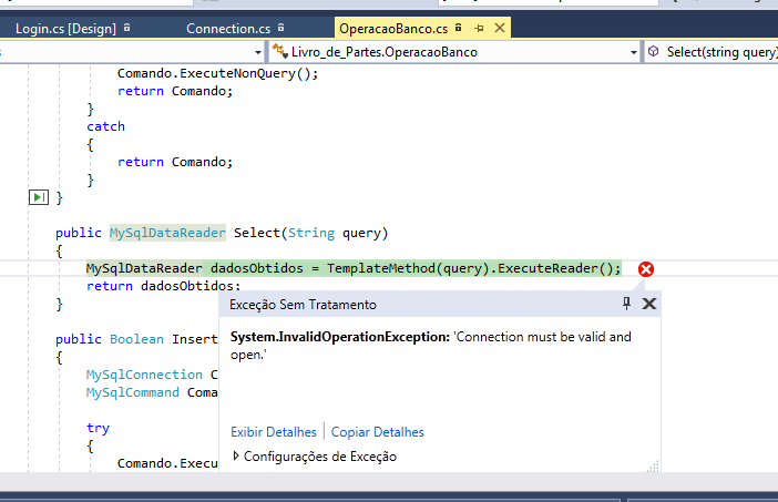 Erro System.InvalidOperationException: 'Connection must be valid and open.' Não estou ...